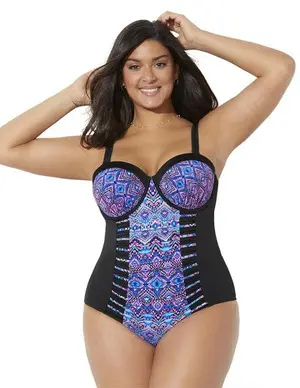 SWIMSUITS FOR ALL Ruched Underwire One-piece Swimsuit - Aztec