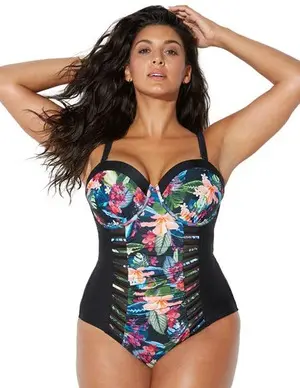 SWIMSUITS FOR ALL Ruched Underwire One-Piece Swimsuit Bold Floral