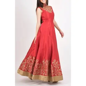 RAAS Embroidered Silk High Neck Gown With Net Drape - Red