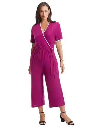 JESSICA LONDON Stretch Knit Cropped Wide Leg Jumpsuit - Raspberry