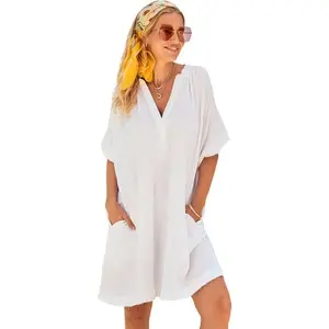 SWIMSUITS FOR ALL Gauze V-neck Cover Up - White