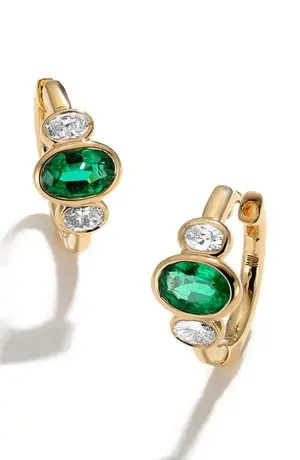 MARK HENRY Three Stone Oval Cut & Diamond Huggie Hoop Earrings - Emerald