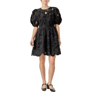 English Factory Flower Detail Puff Sleeve Dress - Black