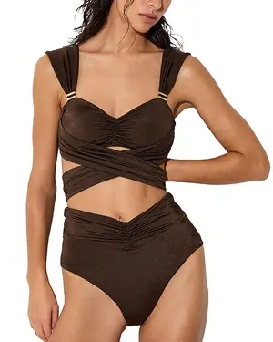 REISS Maisie High Waisted Ruched Bikini Bottom - Chocolate