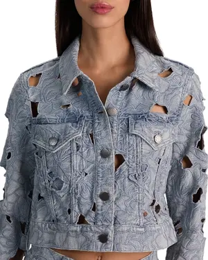 Alice + Olivia Embroidered Denim Cropped Jacket - Rockstar Blue