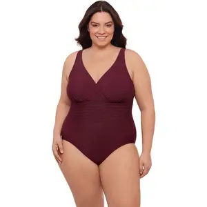 AQUA GREEN Plus Size V-neck Surplice Trim Overlay Full Coverage One-piece Swimsuit Currant