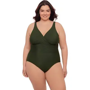 AQUA GREEN Plus Size V-neck Surplice Trim Overlay Full Coverage One-piece Swimsuit Malachite