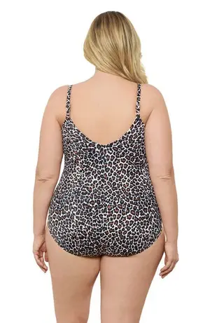 AQUA GREEN Princess Seam V-neck Side Shirred Adjustable One-piece Swimsuit - Desert Leopard