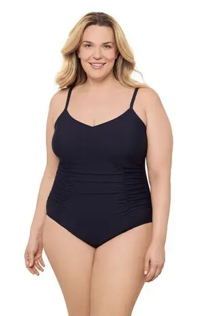 AQUA GREEN Princess Seam V-neck One-piece Swimsuit - True Navy