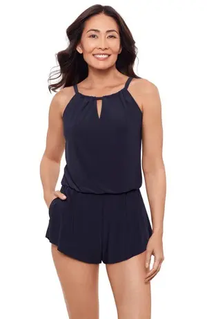 AQUA GREEN Keyhole Blouson Swimsuit Romper True Navy
