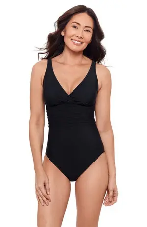 AQUA GREEN Full Coverage Surplice V-neck One-piece Swimsuit With Trim - Black