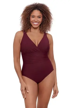 AQUA GREEN Full Coverage Surplice Trim Overlay V-neck One-piece Swimsuit - Currant