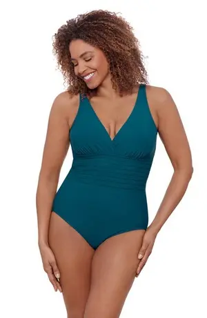 AQUA GREEN Full Coverage Surplice V-neck One-piece Swimsuit With Trim - Lagoon