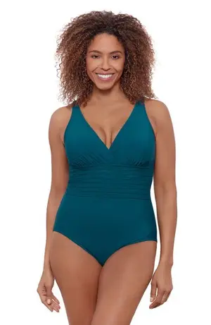 AQUA GREEN Full Coverage Surplice Trim Overlay V-neck One-piece Swimsuit - Lagoon