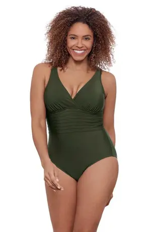 AQUA GREEN Full Coverage Surplice V-neck One-piece Swimsuit With Trim - Malachite