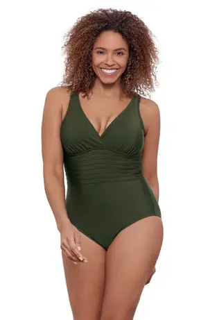AQUA GREEN Full Coverage Surplice Trim Overlay V-neck One-piece Swimsuit - Malachite