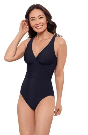 AQUA GREEN Full Coverage Surplice V-neck One-piece Swimsuit With Trim - True Navy
