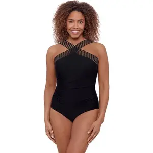 AQUA GREEN High Neck Novelty Trim One-piece Swimsuit - Black