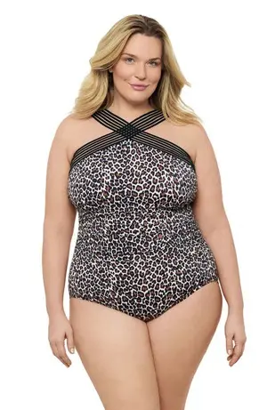 AQUA GREEN High Neck Novelty Trim One-piece Swimsuit - Desert Leopard
