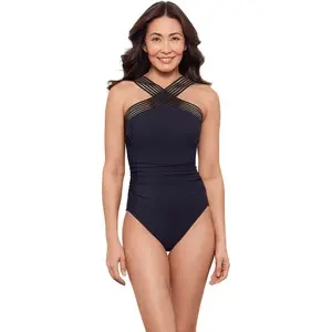 AQUA GREEN High Neck Novelty Trim One-piece Swimsuit - True Navy