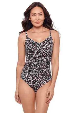 AQUA GREEN Princess Seam V-neck Side Shirred Adjustable One-piece Swimsuit Desert Leopard