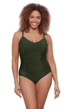 AQUA GREEN Princess Seam V-neck Side Shirred Adjustable One-piece Swimsuit - Malachite