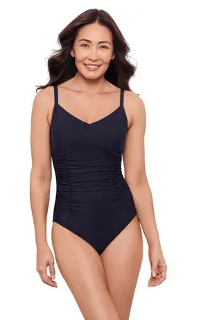 AQUA GREEN Princess Seam V-neck Side Shirred Adjustable One-piece Swimsuit True Navy