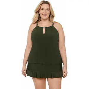 AQUA GREEN Keyhole High Neck Tankini Swimsuit Top Malachite