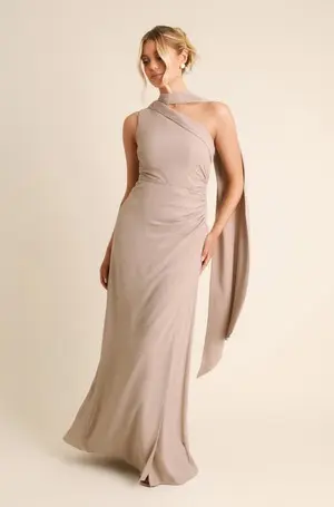 SIX STORIES One-shoulder Chiffon Gown - Truffle