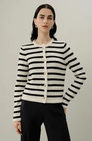 Lilysilk Stripped Crochet Washable Wool Cardigan