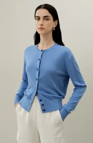Lilysilk Round-neck Silk Cashmere Cardigan - Azure