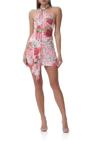 AFRM Brylee Halter Neck Mini Dress - Wing Rose