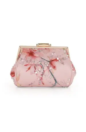 Badgley Mischka Flora Floral Embroidered And Sequin Pouch Clutch - Blush