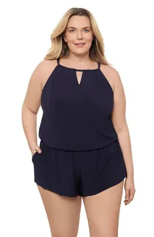 AQUA GREEN Keyhole Blouson Romper - True Navy