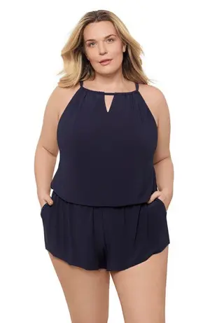 AQUA GREEN Keyhole Blouson Romper - True Navy