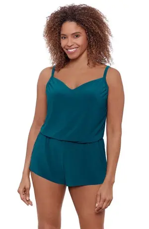 AQUA GREEN V-Neck Blouson Swimsuit Romper Lagoon