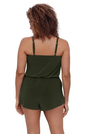AQUA GREEN V-neck Blouson Swimsuit Romper - Malachite
