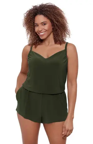 AQUA GREEN V-neck Blouson Swimsuit Romper - Malachite