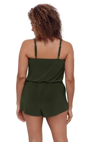 AQUA GREEN V-neck Blouson Swimsuit Romper - Malachite
