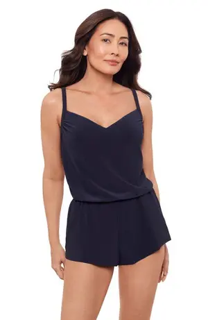 AQUA GREEN V-neck Blouson Swimsuit Romper - True Navy