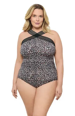 AQUA GREEN Novelty Trim High Neck One-piece Swimsuit Full Coverage - Desert Leopard