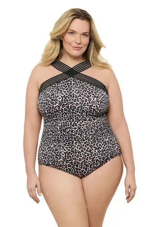 AQUA GREEN Novelty Trim High Neck One-piece Swimsuit Full Coverage - Seeing Spots