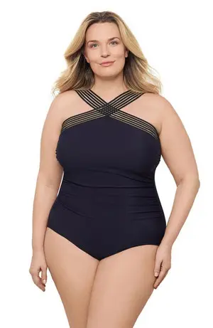 AQUA GREEN Novelty Trim High Neck One-piece Swimsuit Full Coverage - True Navy