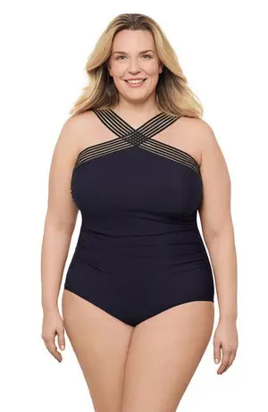 AQUA GREEN Novelty Trim High Neck One-piece Swimsuit Full Coverage - True Navy