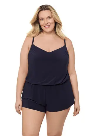 AQUA GREEN V-neck Blouson Romper - True Navy