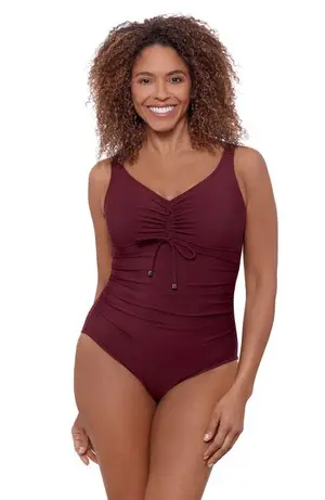 AQUA GREEN Cinched V-neck Tummy Control Side Shirred One-piece Swimsuit - Currant