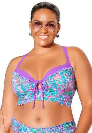 SWIMSUITS FOR ALL Longline Bra-sized Lettuce Trim Bikini Top - Multi Tiny Abstract