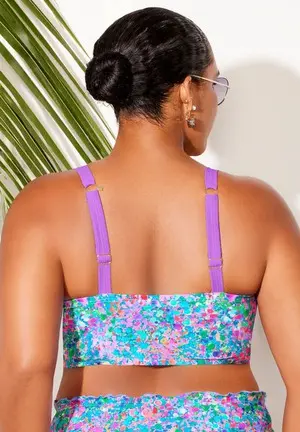 SWIMSUITS FOR ALL Longline Bra-sized Lettuce Trim Bikini Top - Multi Tiny Abstract