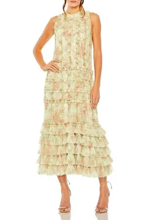 Mac Duggal Floral Tiered Ruffle Midi Dress