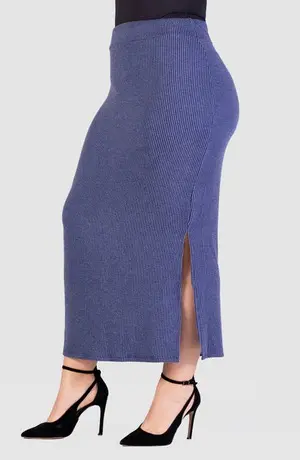24SEVEN COMFORT APPAREL Ribbed Midi Skirt With Side Slit - Blue